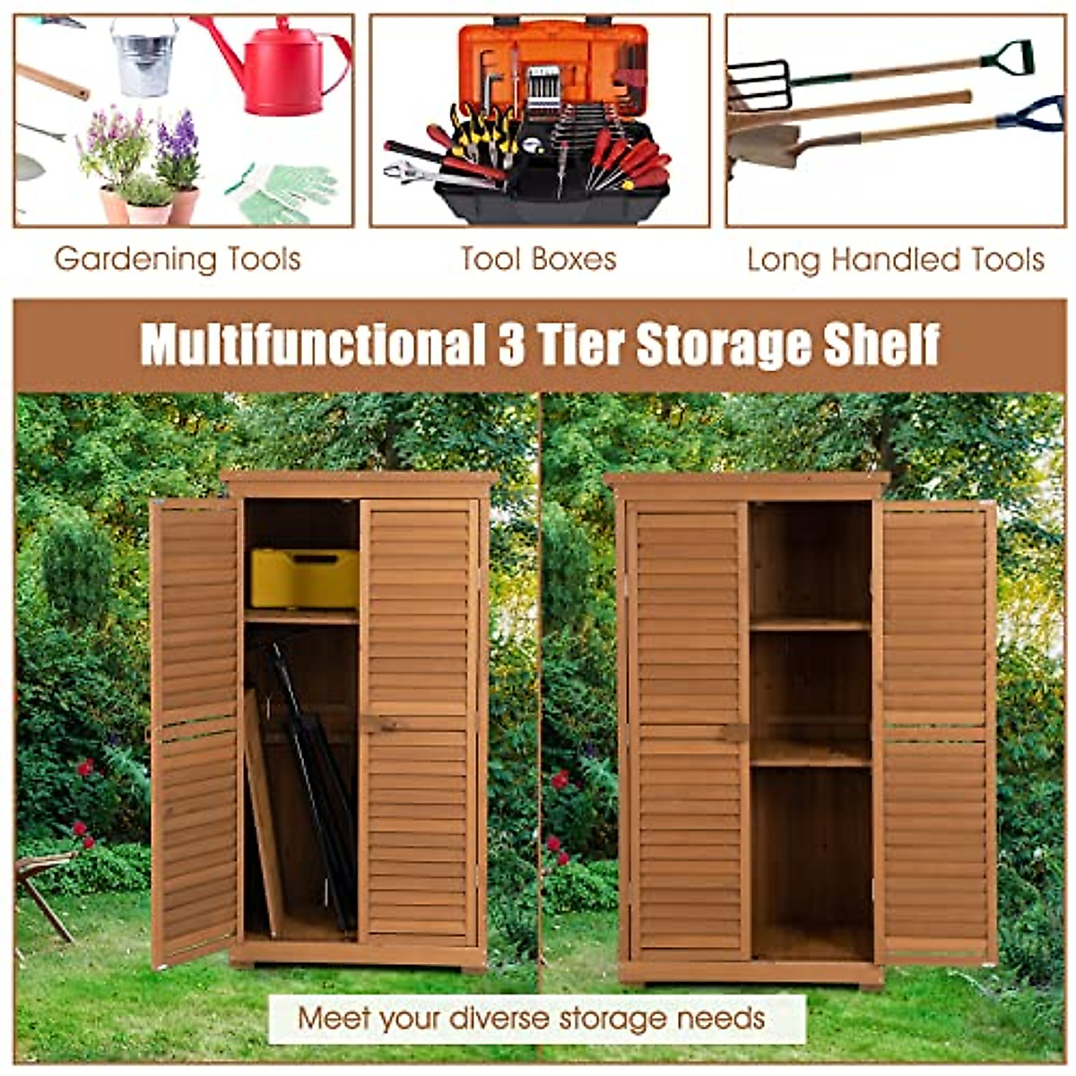 Goplus Outdoor Storage Cabinet, 63” Wood Garden Tool Shed with Double Lockable Doors 3 Shelves and Asphalt Roof, Multipurpose for Patio Lawn Garden Yard, Natural