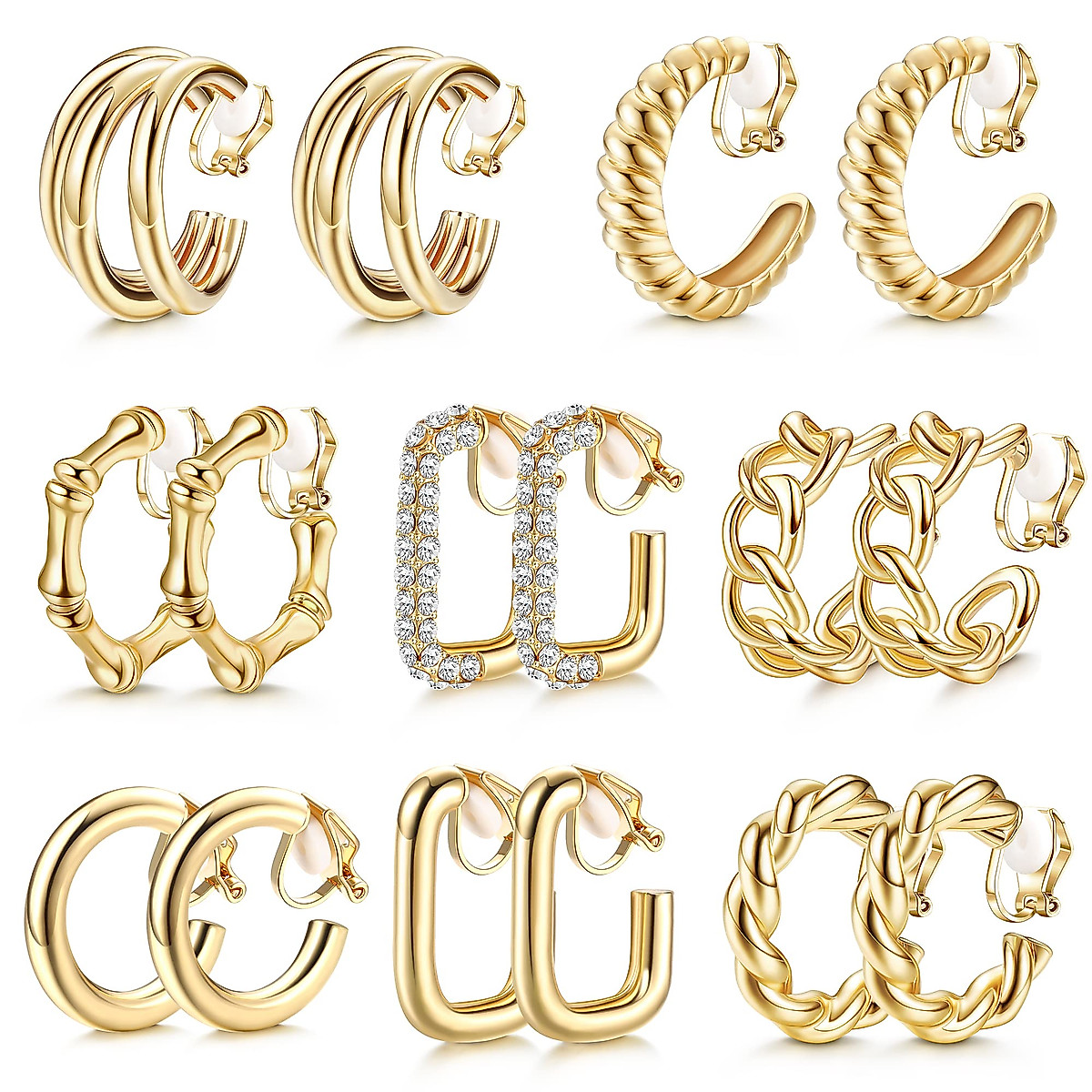 FASACCO Gold Clip On Hoop Earrings for Women Fashion Clip on Earrings Twist Round Geometric Chunky Hoop Clip Earrings No Piercing Fake Earrings, Gold