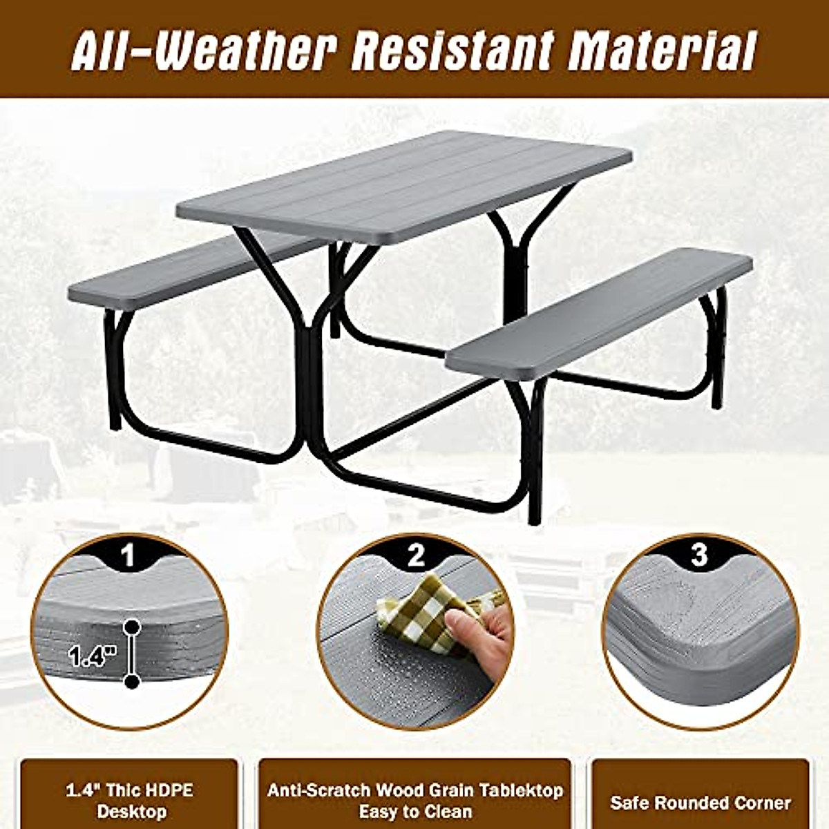 Haddockway Picnic Table Bench Set Patio Camping Table with All Weather Metal Base and Plastic Table Top Outdoor Dining Garden Deck Furniture for Adult Grey