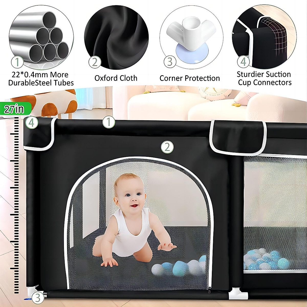 BeeHalo Baby Playpen Baby Playard, Playpen for Babies and Toddlers with Gate, Indoor & Outdoor Kids Activity Center with Anti-Slip Base,Sturdy Safety Play Yard with Soft Breathable Mesh(Black,50”×50”)