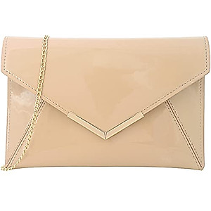 Dexmay Women Envelope Clutch Handbag Patent Leather Pouch Foldover Dress Purse Nude
