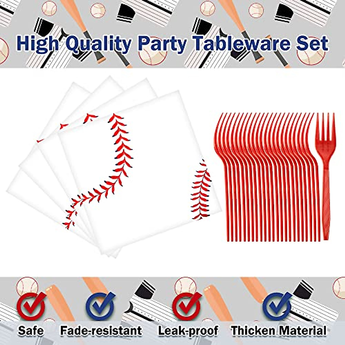 Baseball Party Favors Party Decorations, 96pcs Baseball Party Plates and Napkins Forks Baseball Themed Party Birthday Decorations Supplies For Boys Baby Shower Serves 24