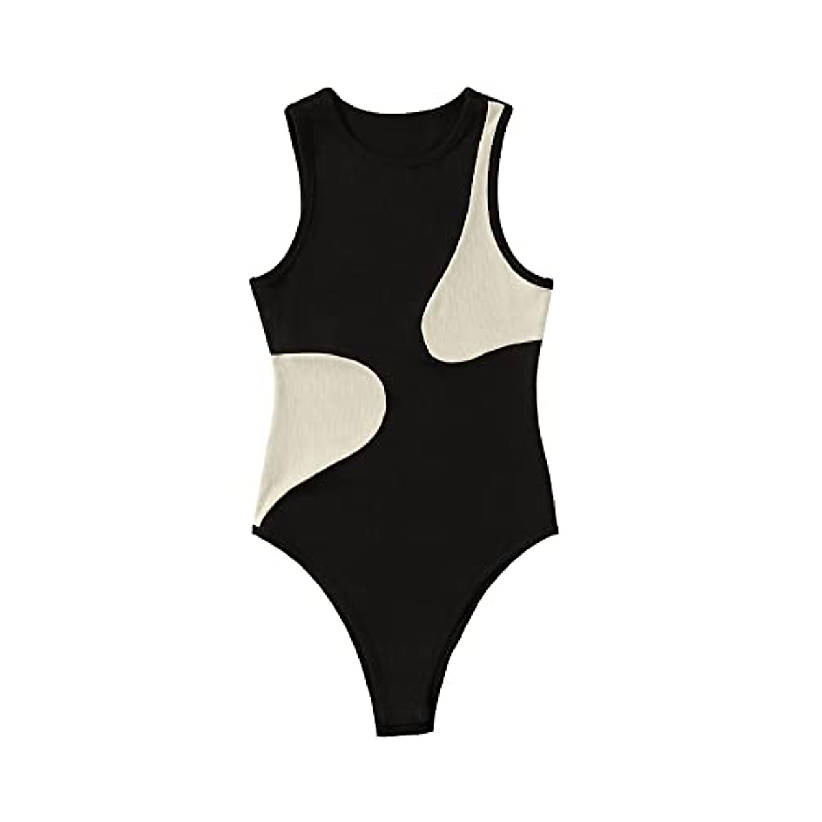 SweatyRocks Women's Ribbed Knit Colorblock Bodysuit Sleeveless Round Neck Tank Tops Bodysuit for Women Summer Slim Fit Black and Cream XL