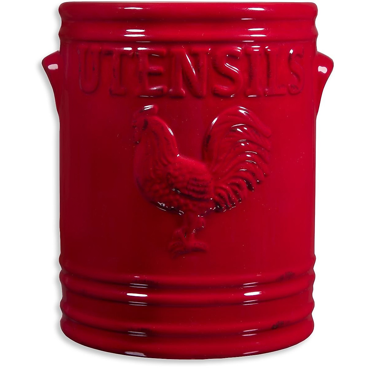 MosJos Kitchen Utensil Holder for Countertop - Large 7” Rustic Ceramic Utensil Crock - Dishwasher-Friendly Rooster Cooking Utensil Organizer Caddy for Farmhouse Kitchen Decor .red