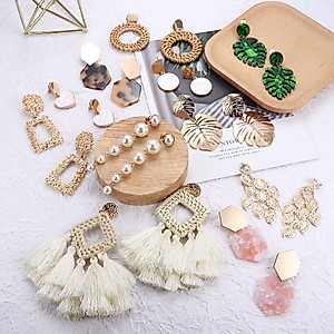 LOLIAS 11Pairs Clip On Earrings for Women,Bohemian Statement Earrings Geometric Rattan Tassel Hoop Heart Pearl Dangle Earrings Palm Leaf Dangle Earrings Tropical Clipon Earrings Non Piercing