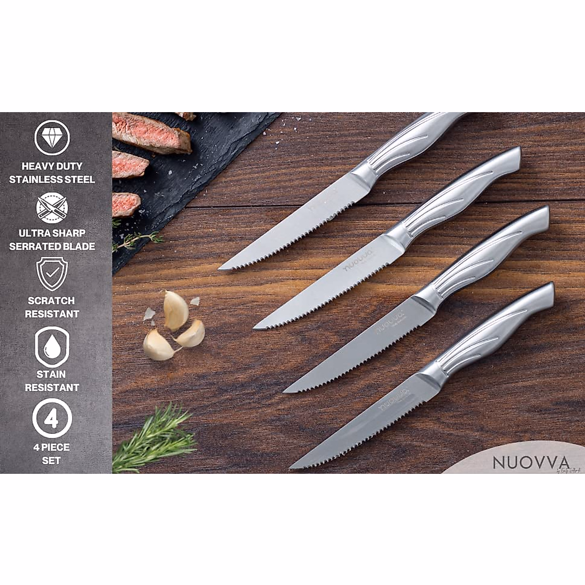 nuovva Kitchen Steak Knife Set - Steak Knives with Serrated Edge - Durable Stainless-Steel Steak Knives Set of 4 with Gift Box – Ergonomic Handle for Comfortable Grip