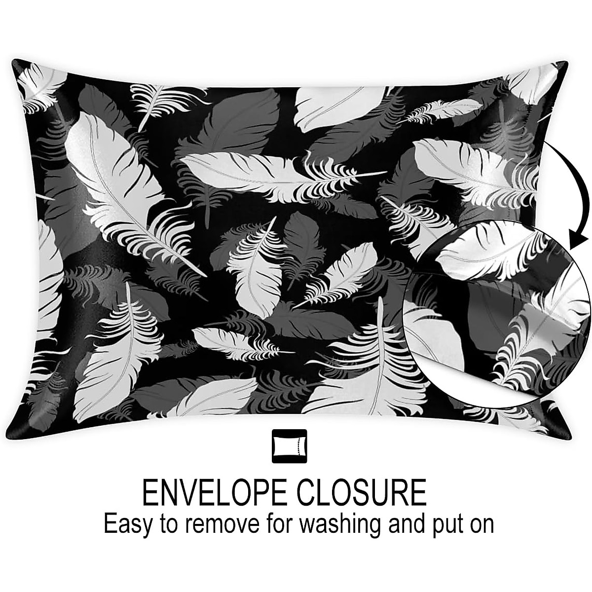 Bird Feather Pattern Satin Pillow Cases Silk Satin Pillowcase for Hair and Skin Standard Set of 2 Super Soft Silk Pillowcase with Envelope Closure (20x26 in)