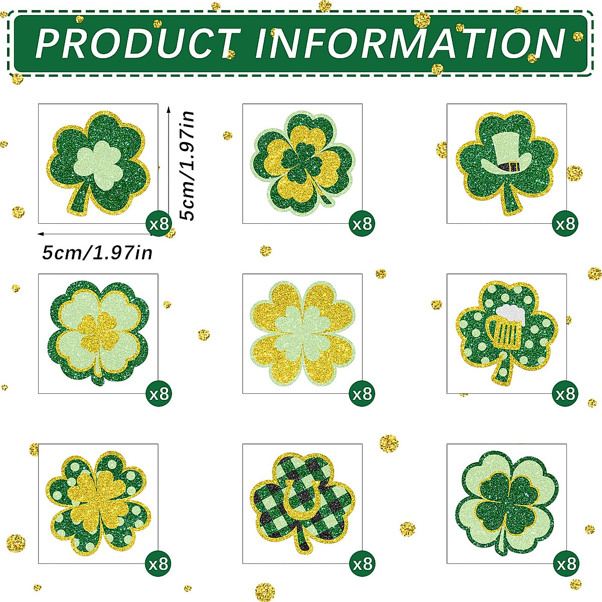 72 Pieces Glitter Shamrock Temporary Tattoos St. Patrick's Day Tattoos Lucky Clover Glitter Tattoo Stickers St. Patrick's Day Irish Sticker Parade Party Favors Decorations Accessories, 9 Styles