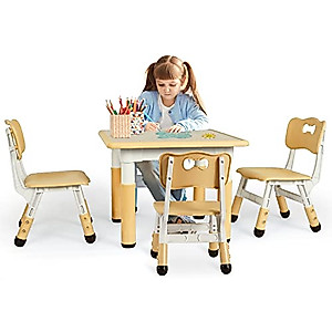 AuAg Kids Table and 4 Chairs Set, Height Adjustable Toddler Study Table and Chair Set for Age 2-10, Multi-Activity Art Table W/Graffiti&Scrubtable Desktop, for Daycare, Classroom, Home (Natural)