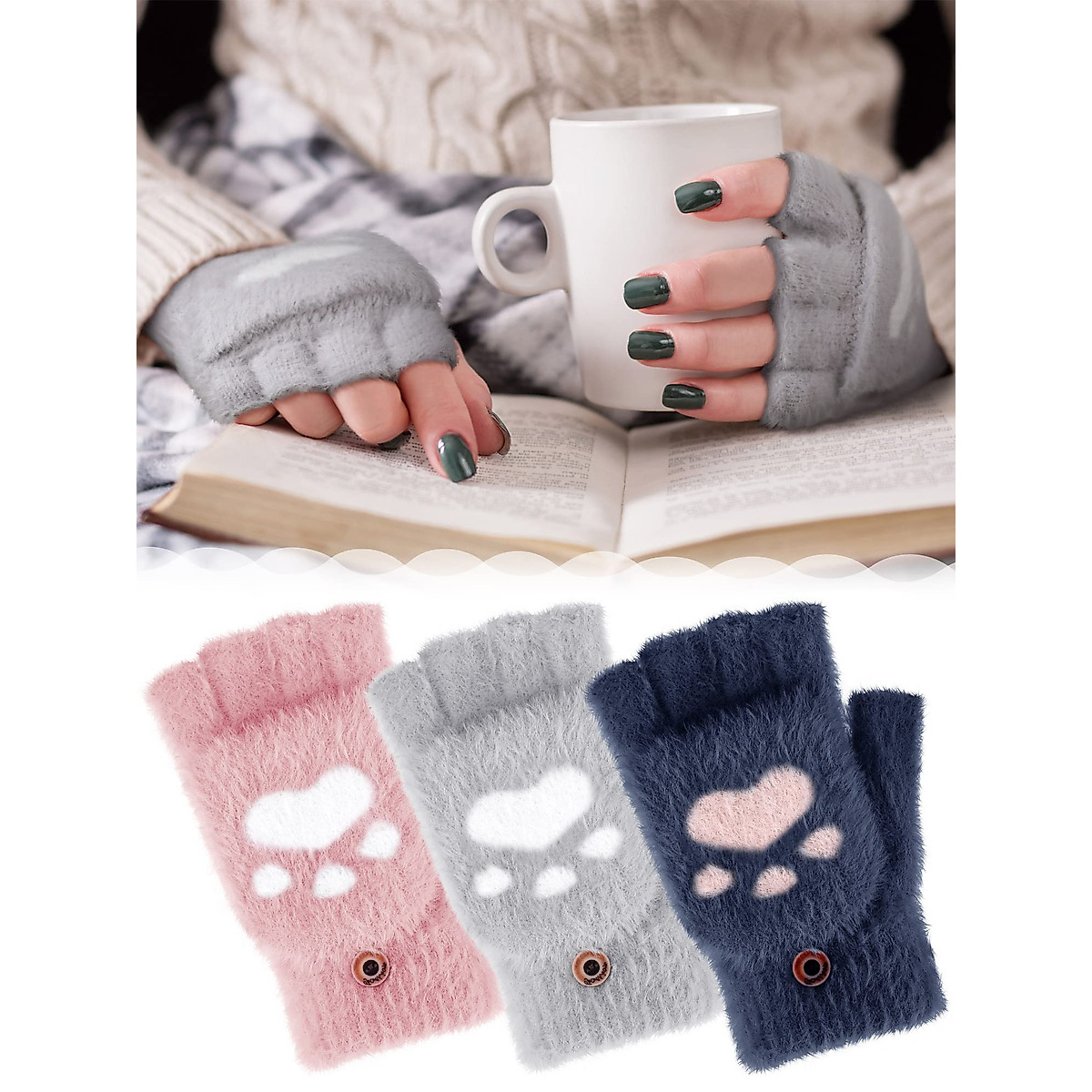 Bencailor 3 Pairs Winter Fingerless Gloves Warm Convertible Mittens Flap Cover Cat Paw Gloves for Women Cold Weather Cosplay (Light Gray, Pink, Navy Blue)