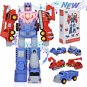 SAITI Toys for 3 4 5 6 Year Old Boys - Construction Transform Robot Toy Cars STEM Building Toys for Kids 5-in-1 Construction Assemble Vehicles Toys Pull-Back Cars Christmas Birthday Gift for Kids