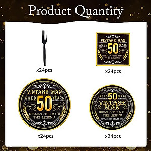 Elomy 50th Birthday Party Supplies Men - 96PCS Black Gold 50th Birthday Decorations Birthday Party Tableware Set Women 50th Birthday Party Decor Plates Cheers to 50 Years Dinnerware Set(24 Guests)