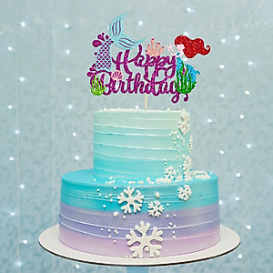 Gyufise 1Pcs Mermaid Happy Birthday Cake Topper Glitter Mermaid Cake Pick Seashells Coral Mermaid Tail Cake Decoration for Under the Sea Baby Shower Birthday Party Supplies Purple