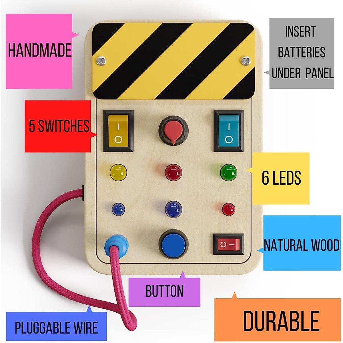 Montessori Busy Board for Toddlers - Wooden Sensory Toys for Toddlers - Toys For Autistic Children with LED Light Up Buttons Pluggable Wires Baby Gifts - Educational Learning Fidget Toy By Montotoys