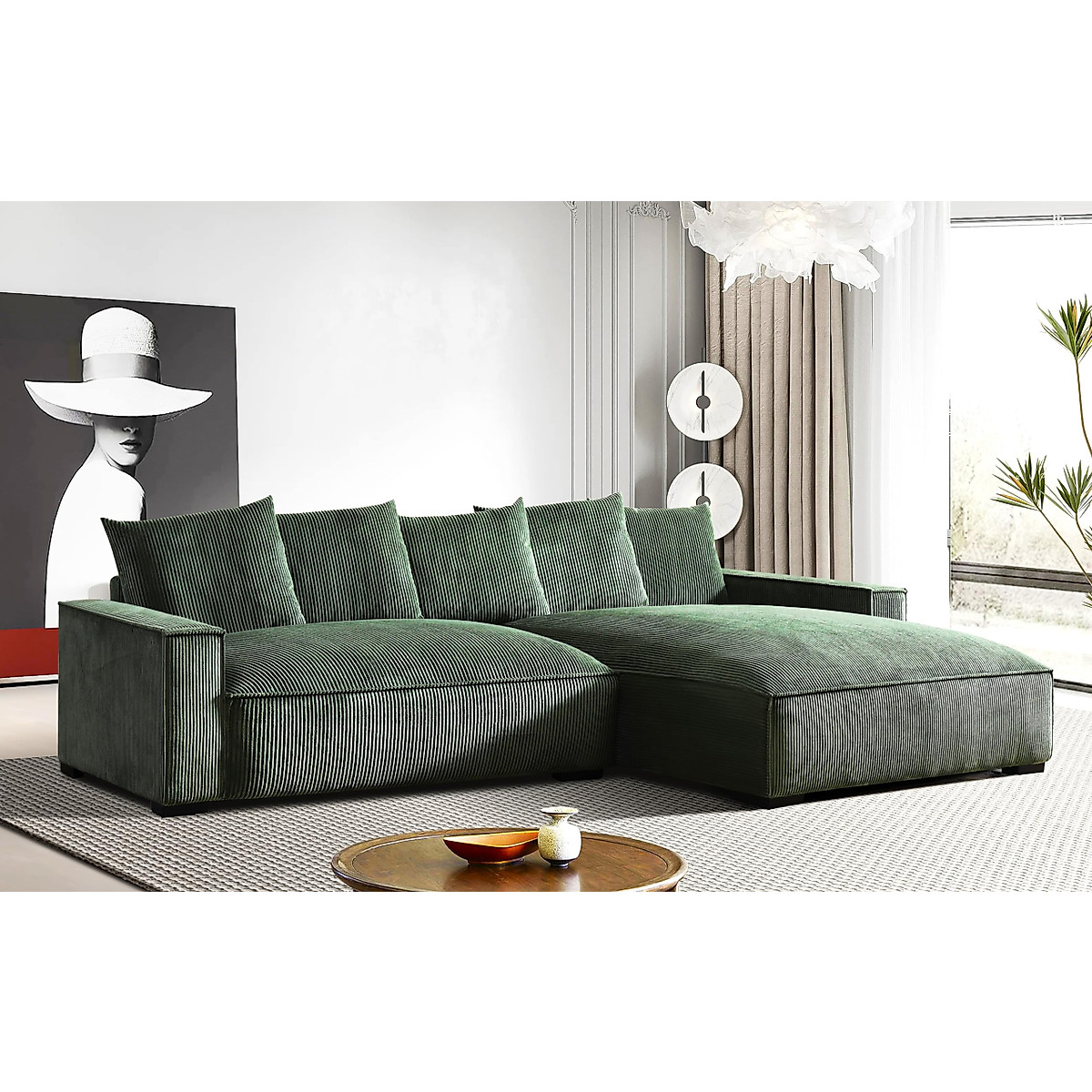 Container Furniture Direct Luxe Large Two-Piece Right Facing Sectional Sofa for Living Room, 106.7-Inch L Shaped Loveseat and Chaise, Upholstered with Corduroy Fabric, 3, Dark Green