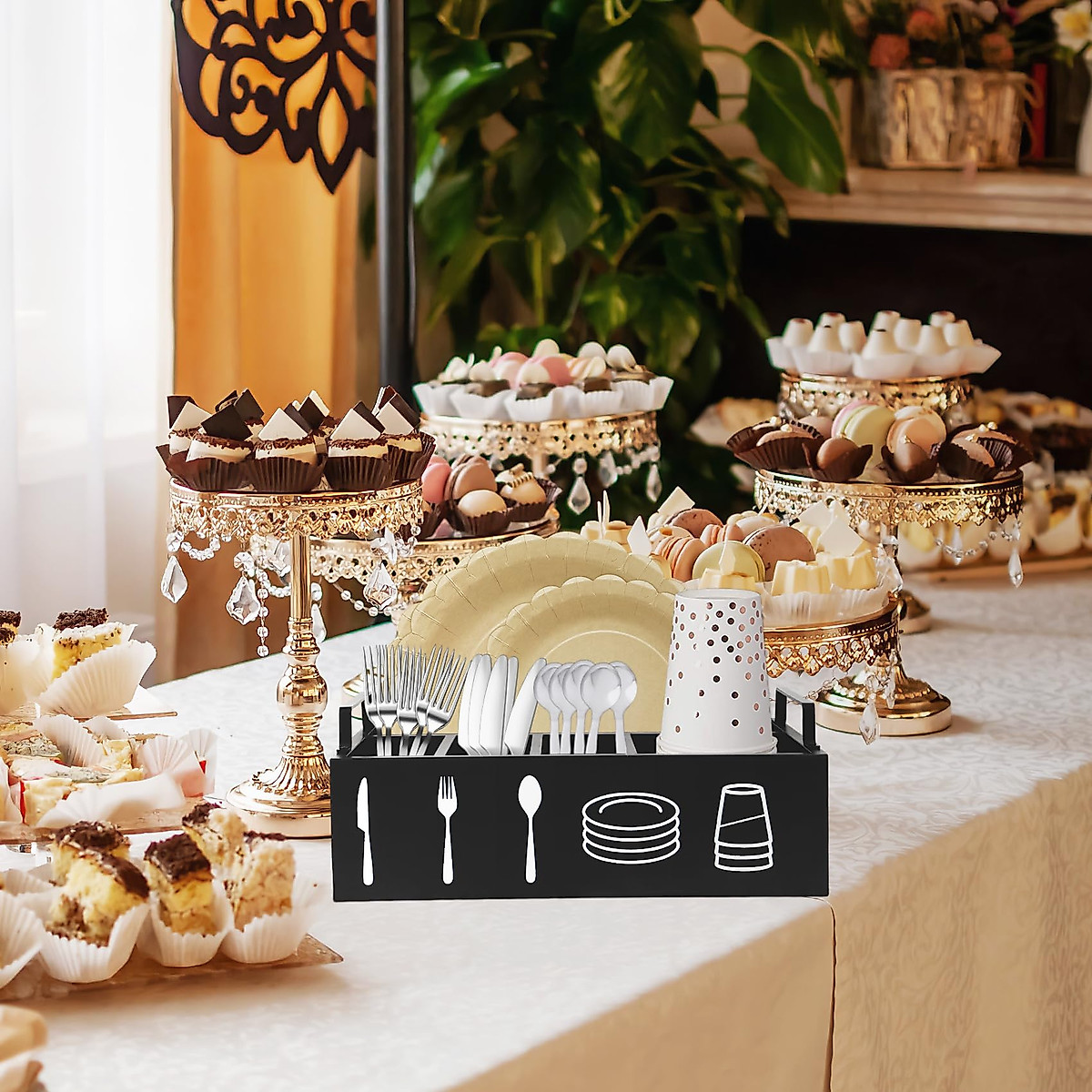 5-Tier Paper Plate Holder & Utensil Organizer for Kitchen - Wooden Storage Rack for Party, Picnic, BBQ | Under Cabinet Space Saving Design with 5 Compartments for Plates, Napkins, Cutlery (Black)