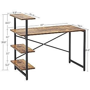 CubiCubi Small Computer Desk with Shelves, 47 Inch Reversible Home Office Desk with 3 Tier Storage Bookshelf, Study Writing Office Table, Rustic Brown