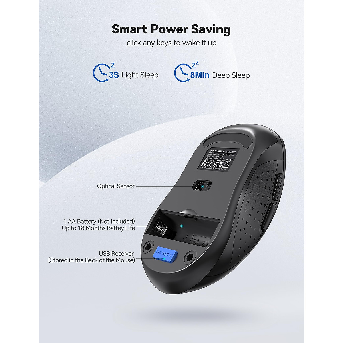 TECKNET Wireless Mouse for Laptop, 2.4G Wireless Computer Mouse, 5-Level Adjustable 4800 DPI, Silent Mouse with Receiver & 6 Buttons, 18 Months Battery Life, USB Portable Mouse for Mac, Chromebook