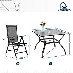 MFSTUDIO Outdoor Dining Set for 4, Aluminum Height Adjustable Folding Chair and Heavy-Duty Black Slat Metal Table, Patio Furniture Dining Table Set, Black