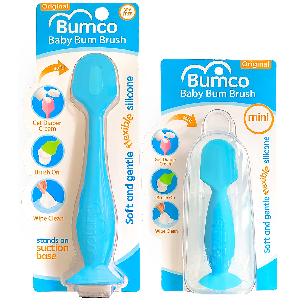 Bumco Baby Bum Brush + Mini Diaper Cream Spatula with Case - BPA-Free Butt Spatula Baby, Soft Diaper Spatula, Baby Diaper Cream Applicator, Mom-Invented Diaper Bag Essentials, Butt Spatula