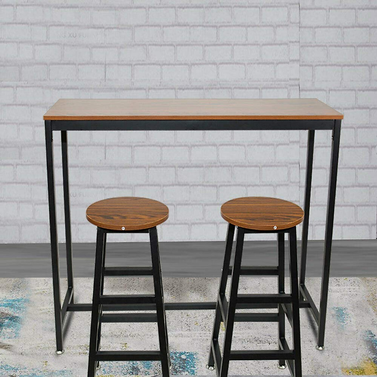 Thaweesuk Shop New Light Brown 3 Pcs. Wood Pub Bar Table Chair Counter Height Kitchen Dining Set Home Office Furniture Particleboard Metal 47.2" L x 15.7" W x 39.4" H