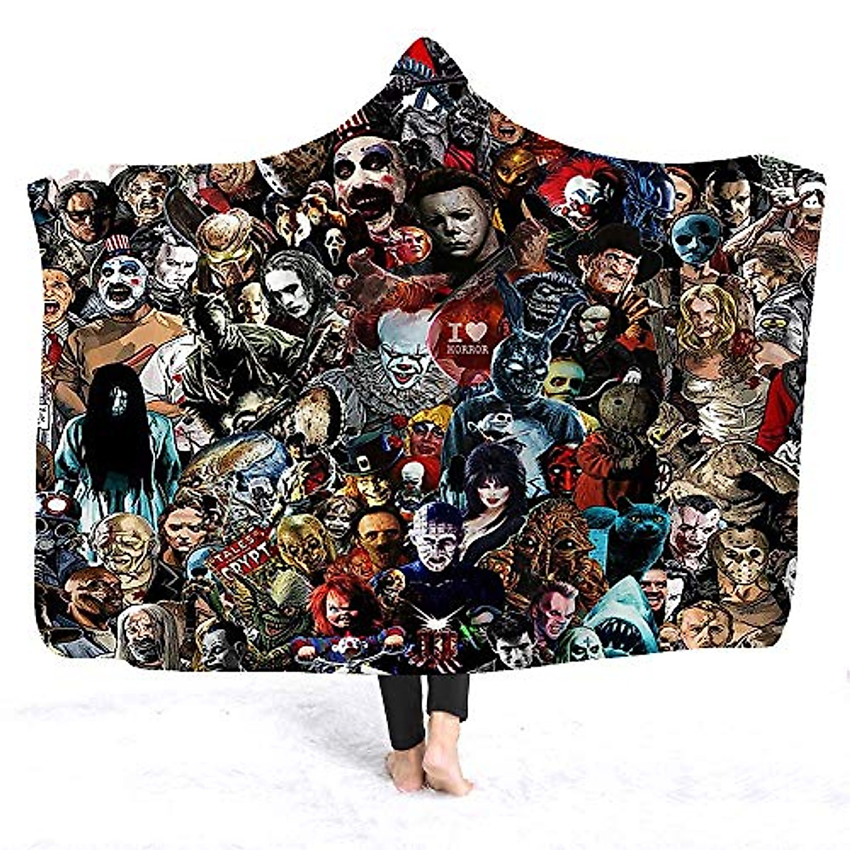 YEARGER Horror Movie Character Hooded Blanket for Adult Gothic Sherpa Fleece Wearable Throw Blanket Microfiber Bedding (110X145cm,C)
