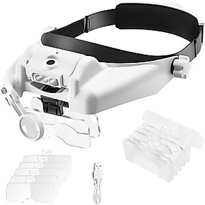 Elikliv Headband Magnifying Glass with Light 1X to 14X, Rechargeable Handsfree Head Mount Magnifier, 6 Detachable Lens Visor Loupe Tool for Close Work Reading Jewelry Craft Repair Cross Stitch