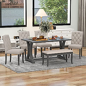 Morhome 6-Piece Dining Set with Bench, Kitchen Funiture with 4 Upholstered Chairs for Home Restaurant