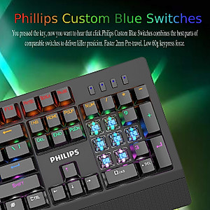 Philips Mechanical Gaming Keyboard- RGB LED Backlit Wired Keyboard with Blue Switches for Gaming, PC- Full Key N-Rollover- Anti Ghosting