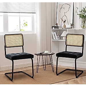 COLAMY Mid Century Modern Dining Chairs Set of 2, Velvet Rattan Dining Room Kitchen Side Chairs with Metal Chrome Legs and Upholstered Seat for Home, Living Room, Bedroom - Black