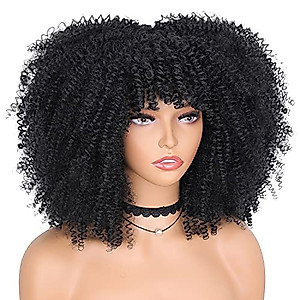 GKtineke Curly Afro Wigs for Black Women - Curly Afro Wig With Bangs Black Wig Short Afro Kinky Curly Wig 14 Inch Synthetic Hair Replacement Wigs (14 Inch, black)