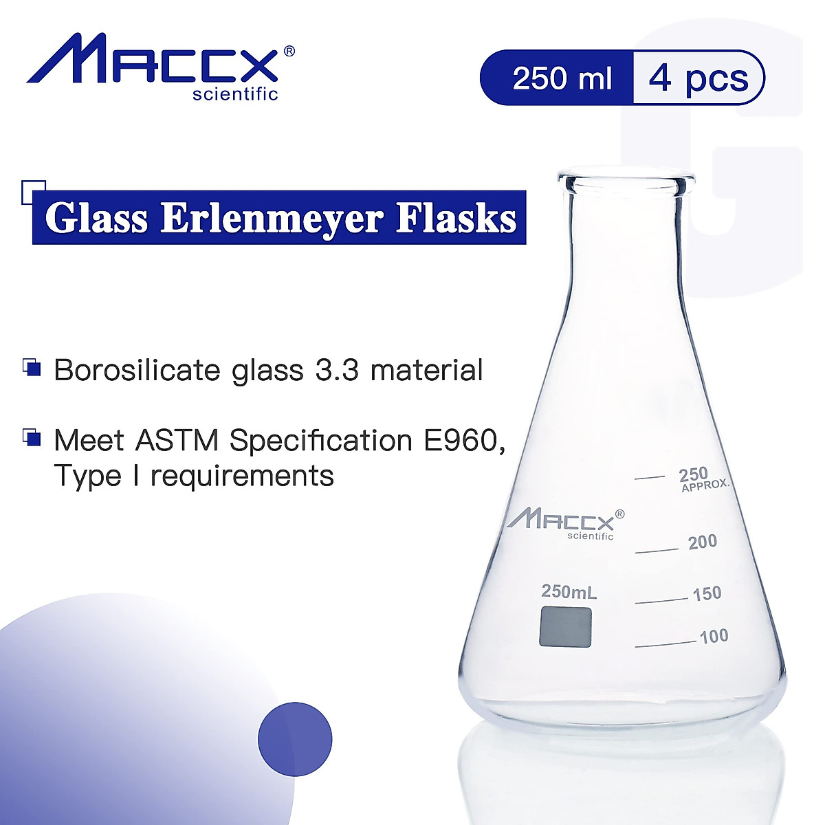 Maccx 8.5oz(250ml) Narrow-Mouth Sturdy Glass Erlenmeyer Flask, 3.3 Borosilicate with Printed Graduation, Pack of 4, EFN250-004
