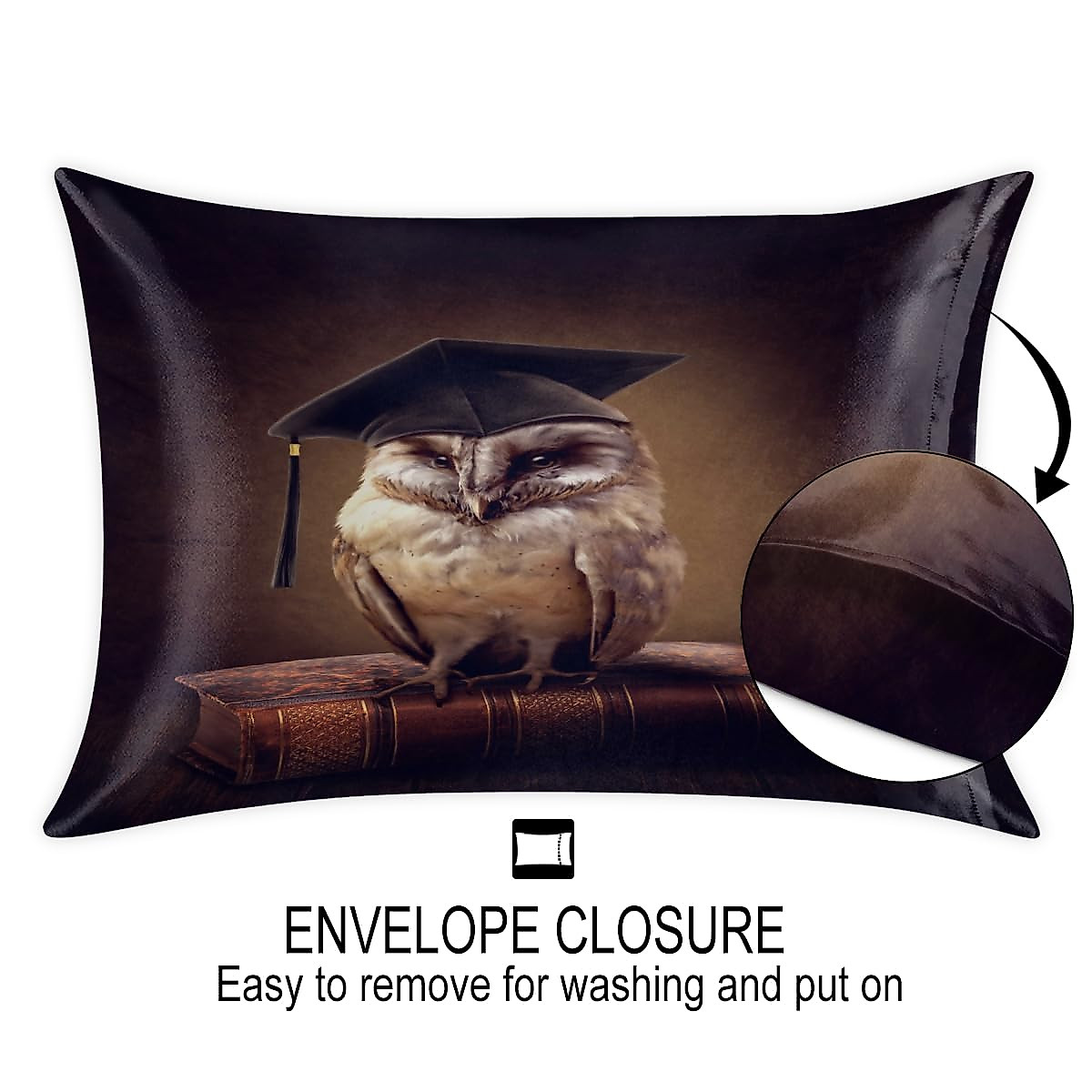 Scholar Owl Bird Satin Pillow Cases Silk Satin Pillowcase for Hair and Skin Standard Set of 2 Super Soft Silk Pillowcase with Envelope Closure (20x26 in)