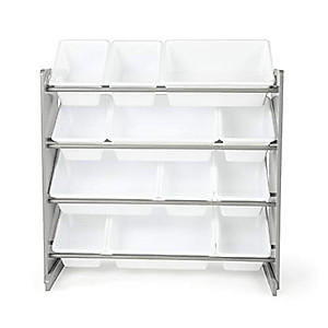 Humble Crew Kids Wood Table 4 Chairs Set, White/Grey & Toy Organizer, Toddler, Grey/White