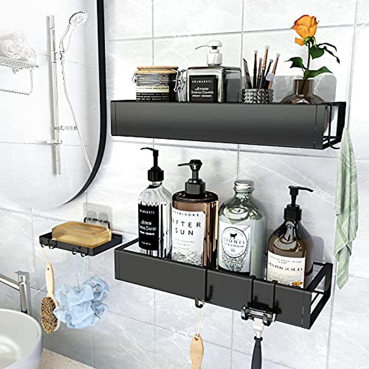 ROSEYAT Shower Caddy Shelf Organizer with Hooks, Adhesive Shower Storage Organizer Rack for Bathroom, Kitchen, No Drilling Wall Mounted Shampoo Holder Basket with Shower Soap Dish-3 Pack Black