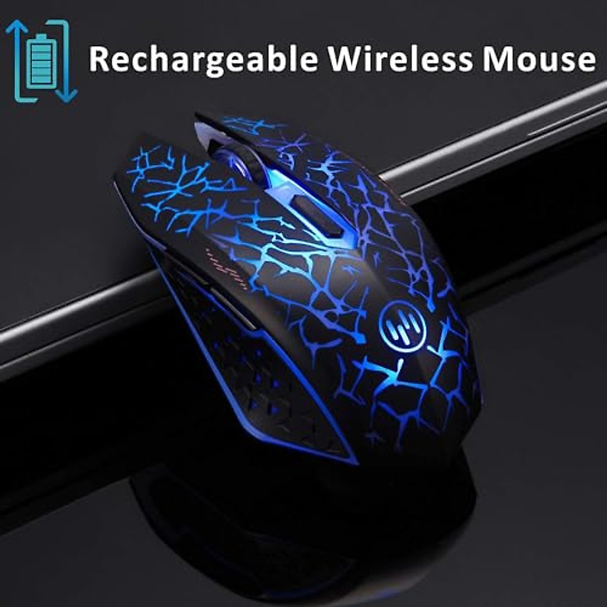 TENMOS K6 Wireless Gaming Mouse, Rechargeable Silent LED Optical Computer Mice with USB Receiver, 3 Adjustable DPI Level and 6 Buttons, Auto Sleeping for Laptop/PC/Notebook (Blue Light)