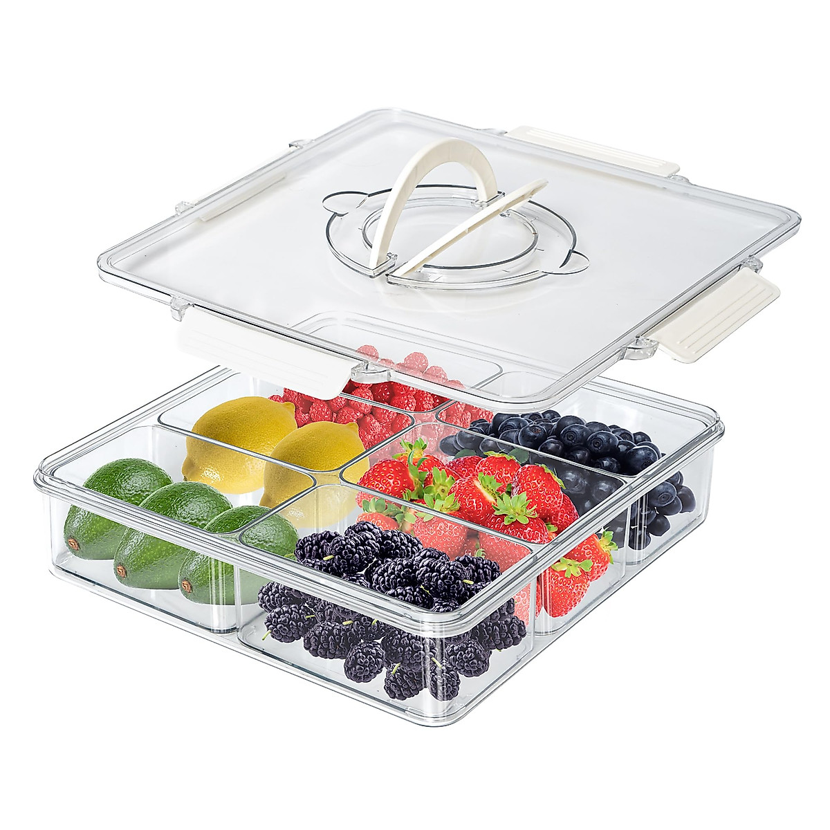 YouLike 12'' Large Divided Snackle Box Charcuterie Container with Handles and Lids 6 Removable Compartment Fruit Serving Tray for Veggie Meal Prep Fridge Storage Box