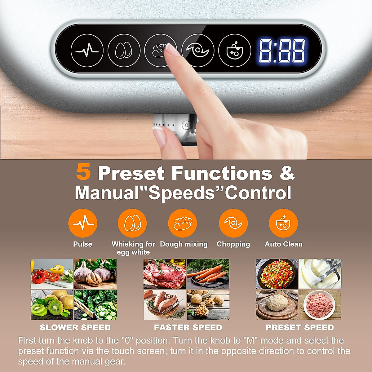 Homtone 16 Cup Food Processor, Aluminum-Diecast Food Processors, 5 Preset Modes Vegetable Chopper Electric, 8 Blades 11 Functions for Home Use, Stepless Speed Control, 650W, Sliver