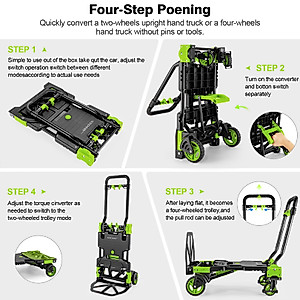 330LB Folding Hand Truck Heavy Duty Carrying, Combination of Four Wheels and Two Wheels Convertible Dolly Cart with Retractable Handle Dolly for Moving Office Carts(Green)
