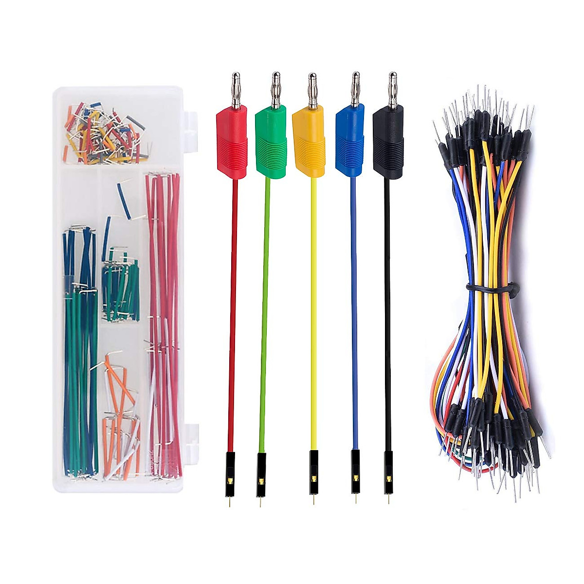Makeronics Solderless Breadboard Jumper kit|5pcs Banana Plug to Jumper Wires + 140 Preformed Soft Breadboard Solid Copper Jumper Wires(Light Box Packing)+ 65 pcs Jumper Leads Wires Cables