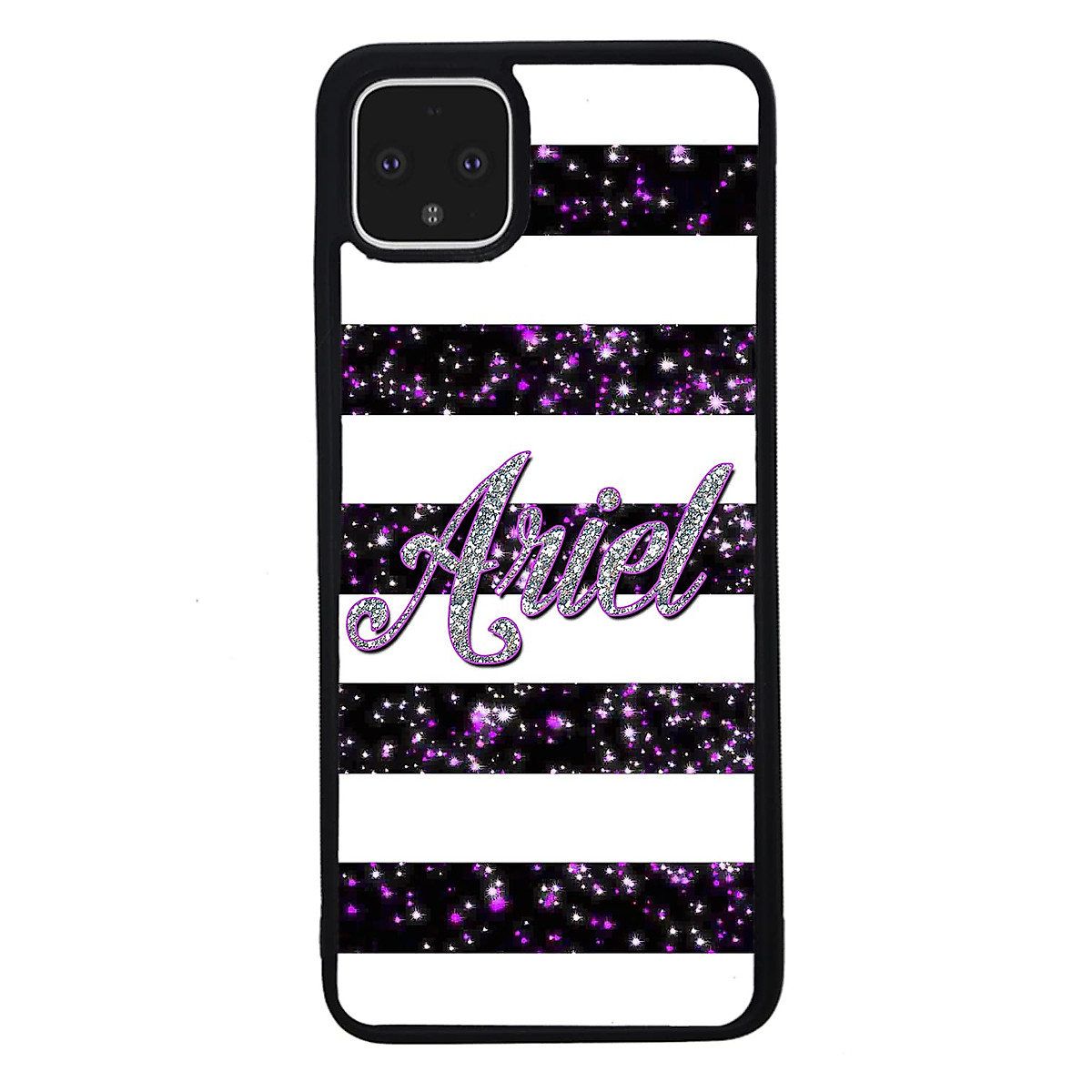 Purple Silver Glitter Bars Personalized Black Rubber Phone Case Compatible With Google Pixel 8 Pro, 8a, 8, 7a, 7, Pixel 7 Pro, 6a, 6 Pro, 6, 5, 4a 5G, 4a 4G, 4, 4 XL, 3a, 3a XL, 3, 3 XL, 2 XL, 2