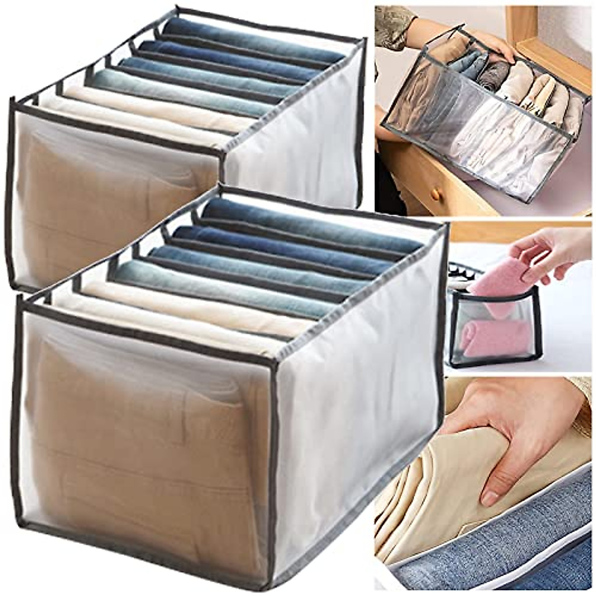 2-Pack Wardrobe Clothes Organizer 7 Grids Visible Closet Underwear/Socks/Leggings/Skirts/Jeans Compartment Storage Box Foldable Washable Separation Drawer Organizers Storage Clothes Bins