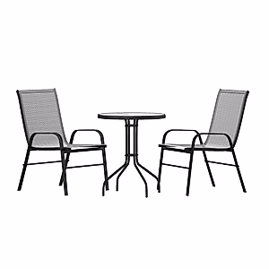 Flash Furniture Brazos 3 Piece Outdoor Patio Dining Set - 2 Gray Flex Comfort Stack Chairs - 23.75" Round Tempered Glass Patio Table