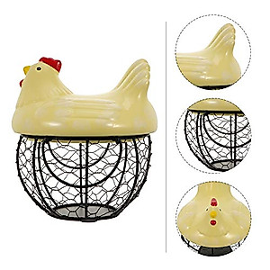 YARDWE Iron Egg Storage Basket Ceramic Chicken Shaped Mesh Wire Egg Holder Decorative Display Organizer Container for Vegetable Fruits Snacks Farmhouse Decor Yellow