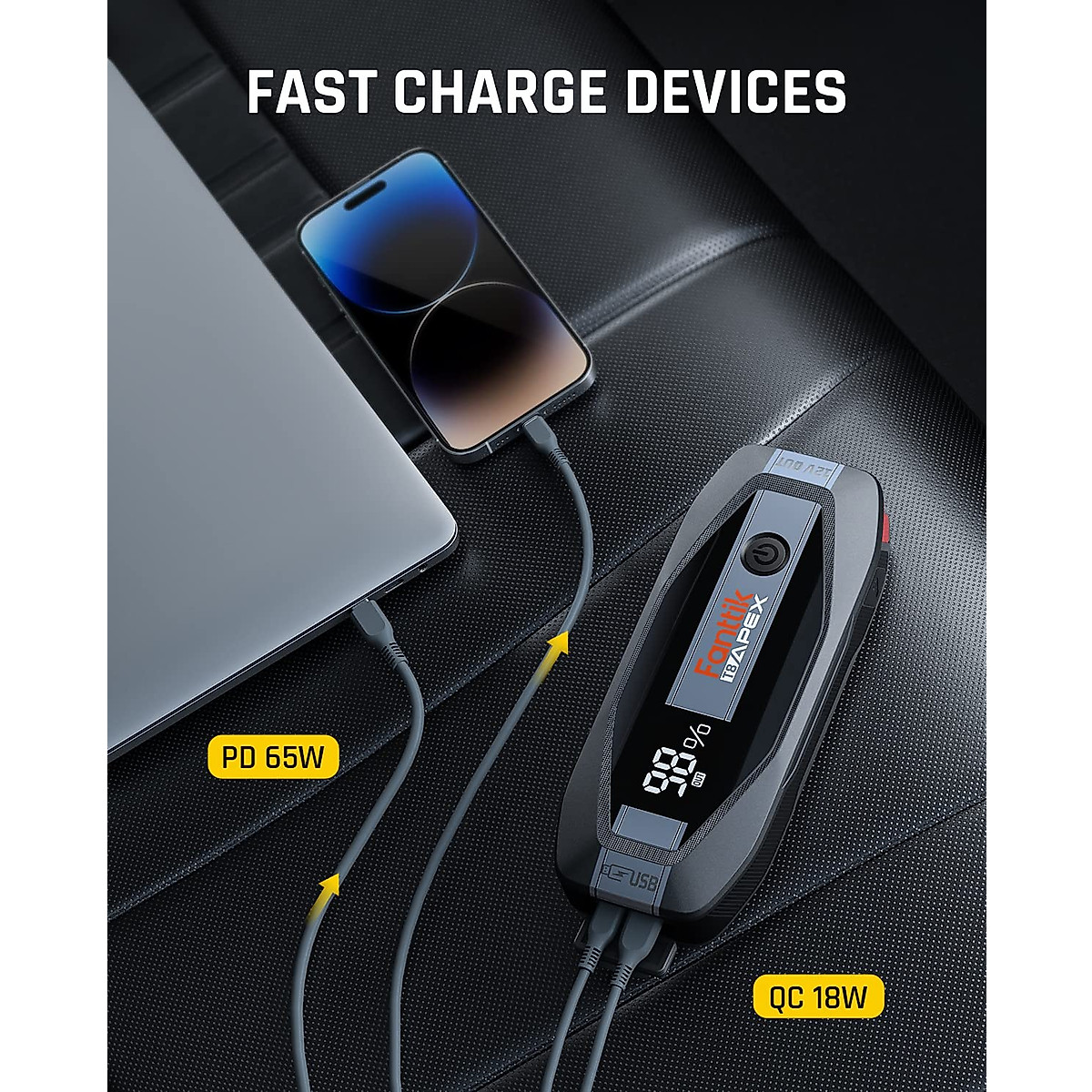 Fanttik T8 APEX 2000 Amp Jump Starter, 20000mAh Car Battery Pack for Up to 8.5L Gasoline and 6L Diesel Engines with LED Display, 65W PD Fast Charger, 12V Safe Lithium Jump Starter Deluxe Package