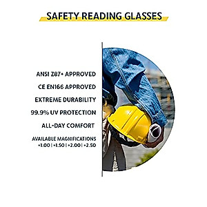 Full Lens Magnifying Safety Glasses - Safety Reading Glasses for Men, Women, Work, Healthcare, Riding - with Black Lightweight Wrap-Around Frame - Z87.1 Certified - UV Protection - Clear Lens, 1.50