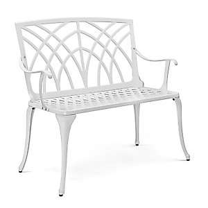 VINGLI 38" Outdoor Bench Cast Aluminium Garden Bench, Orchid Porch Bench Patio Bench Deck Furniture for 1-2 Person Seat(White)