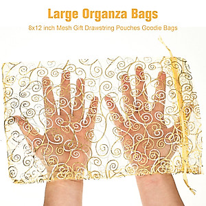Kigeli 100 Pcs 8 x 12 Inches Large Drawstring Organza Bags Party Favor Bags Gold Sheer Mesh Bags Rattan Printed Pouches Goodie Bags Gift for Birthday Jewelry Wedding Christmas Party Favors Gift