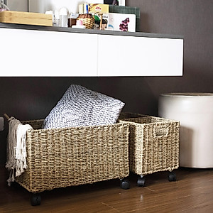 PEMAR Set 2 (different sizes nesting in a set) Natural Wicker Rolling Storage Baskets on Wheels w Insert Handle, Under Table Under Desk Storage Bins, Mobile File Cabinet Organiser. Seagrass