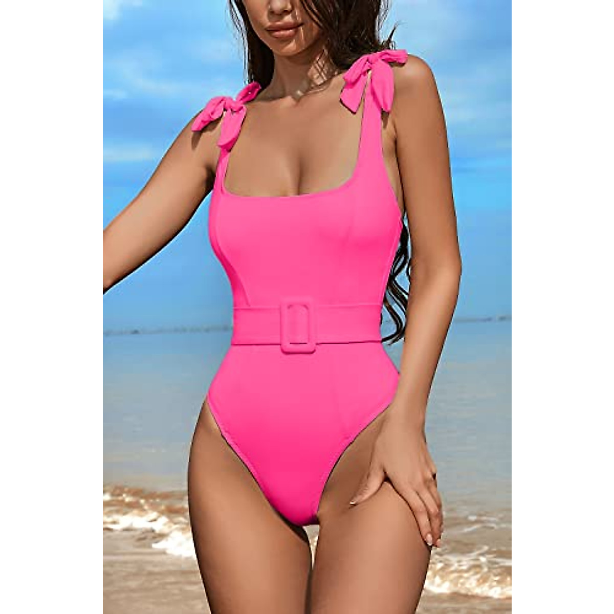 QINSEN One Piece Swimsuits for Women with Adjustable Tie Straps Elastic Belt Moderate Coverage Bathing Suit Rosy L